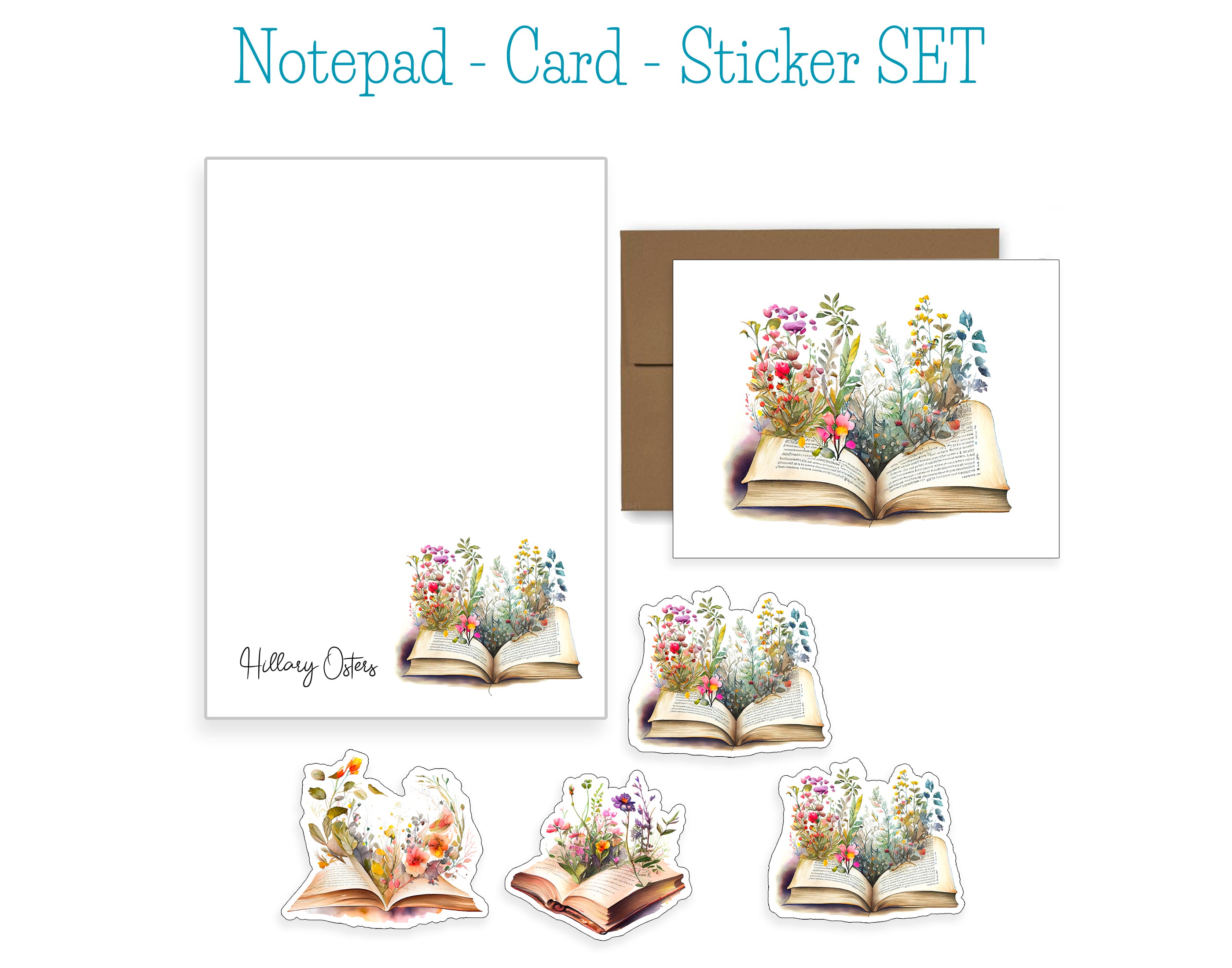 Books and Flower Notepad, Card and Stickers – Katalie